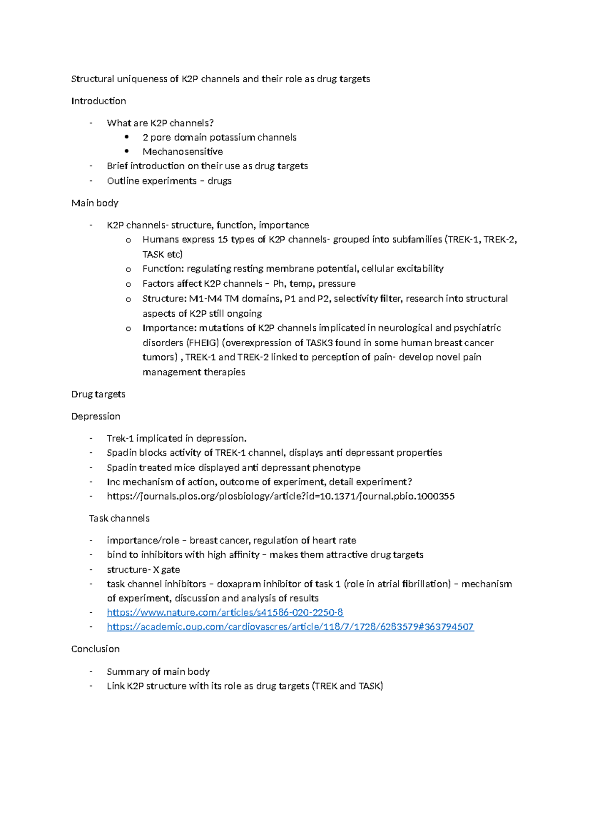 Essay plan - Structural uniqueness of K2P channels and their role as ...