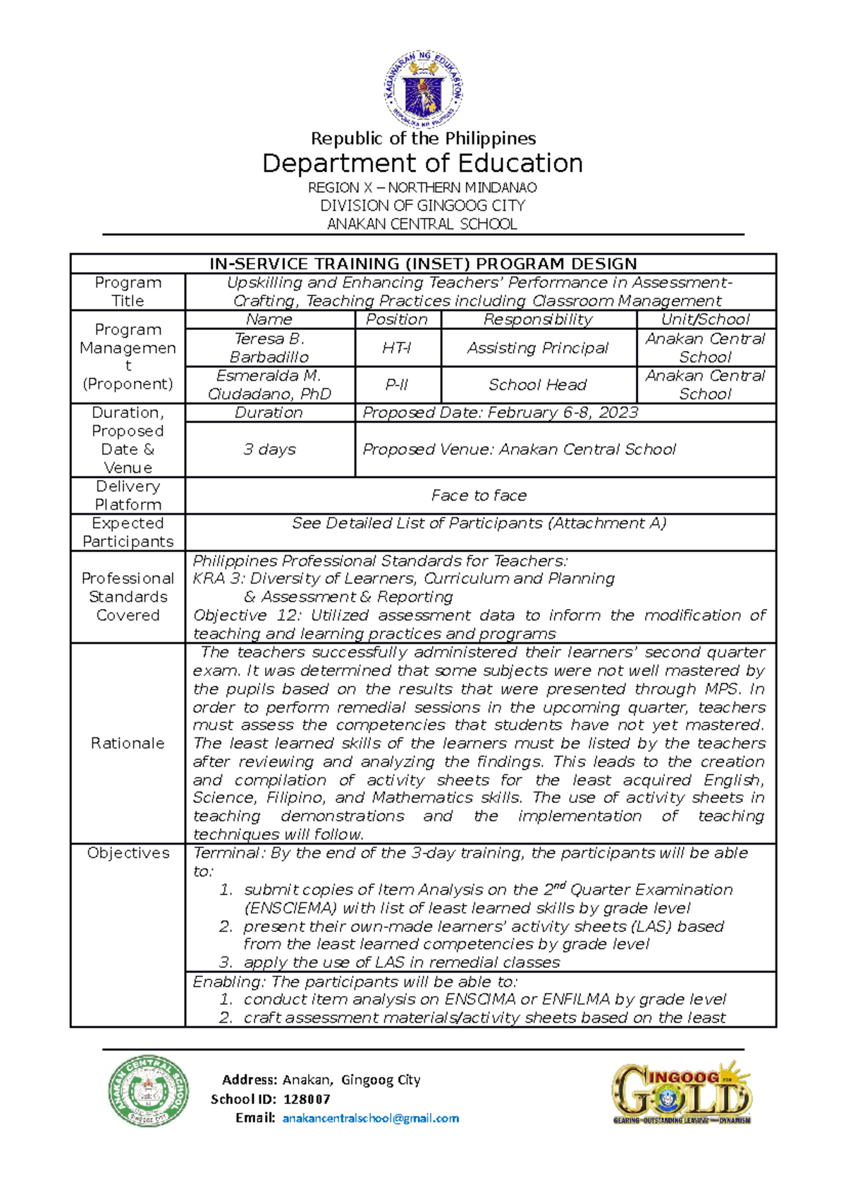 Inset Program Design - Matrix - Department of Education REGION X ...
