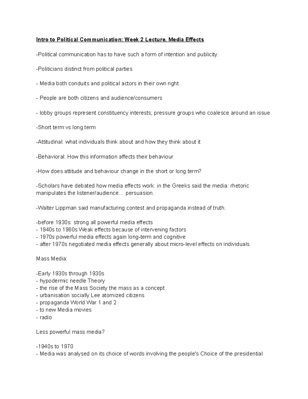 Intro to Political Communication Week 2 Lecture - Media Effects ...