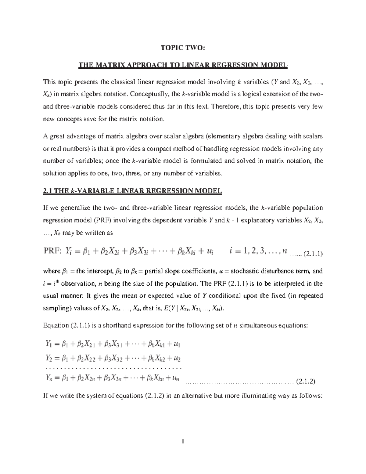 Matrix approach to linear regression models - TOPIC TWO: THE MATRIX ...