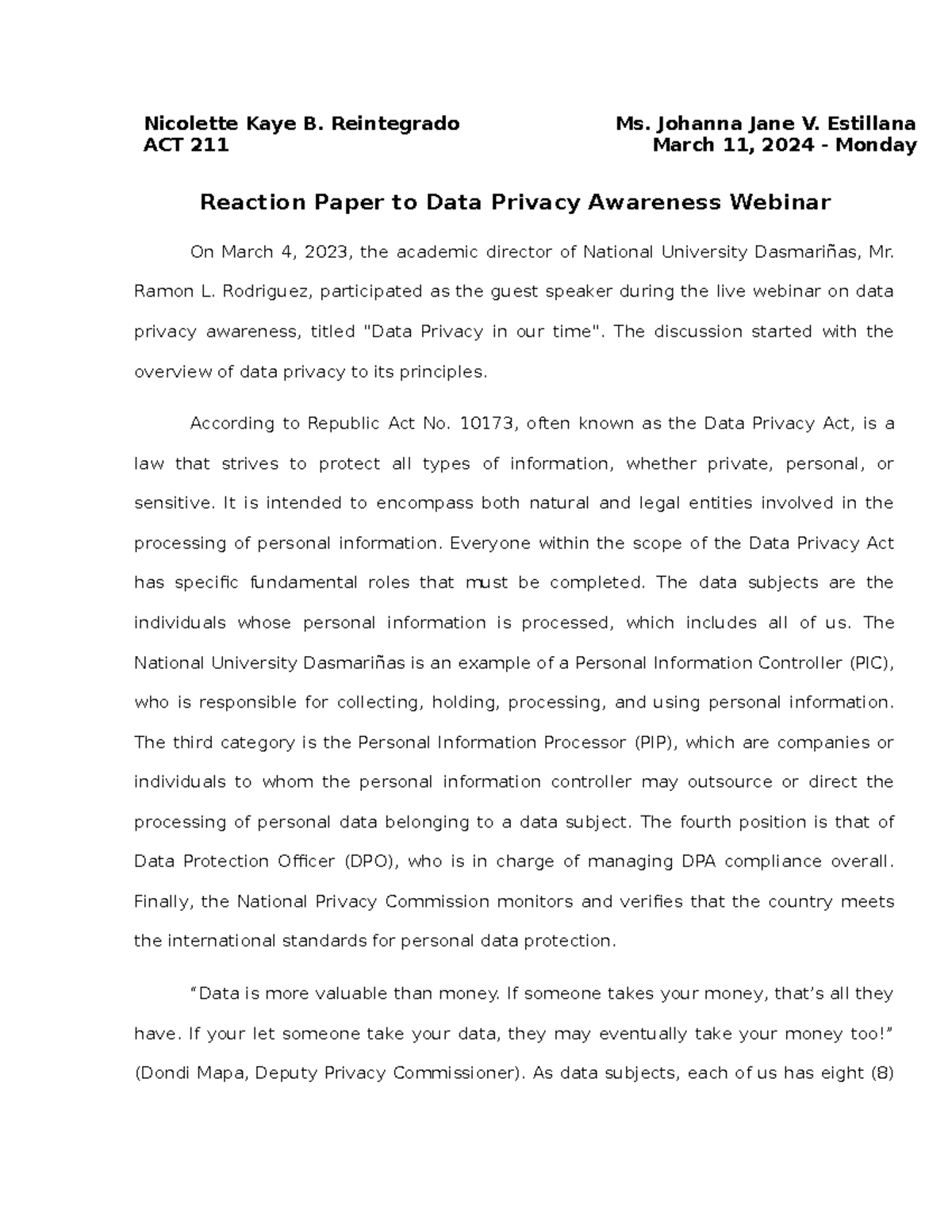 Reintegrado - Reaction Paper for Data Privacy Webinar - Nicolette Kaye ...