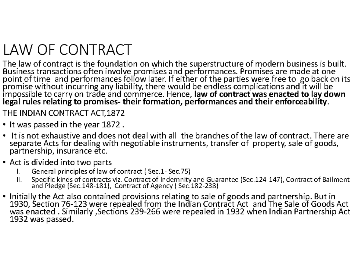 BLAW 1 Contract - bl notes - LAW OF CONTRACT The law of contract is the ...