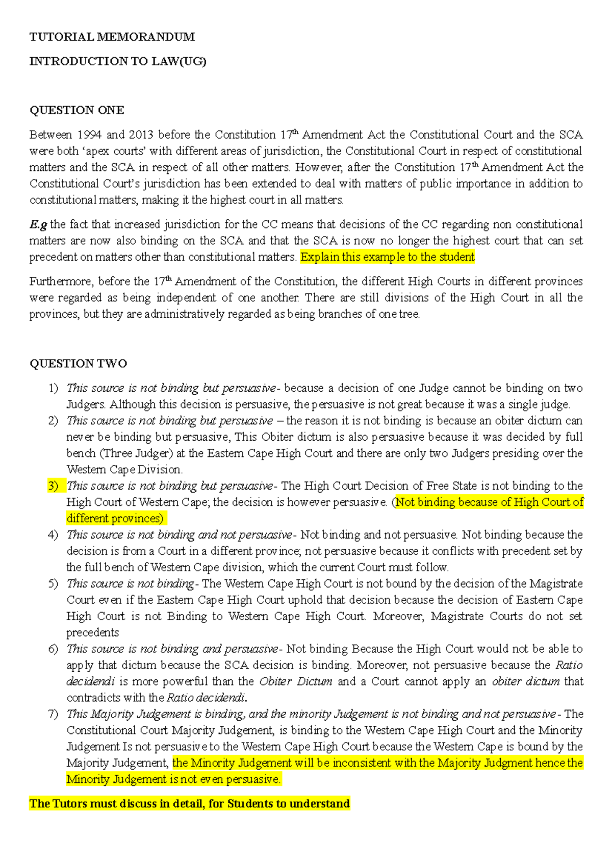 Tut 2 Memo Tutorial Memorandum Tutorial Memorandum Introduction To Lawug Question One