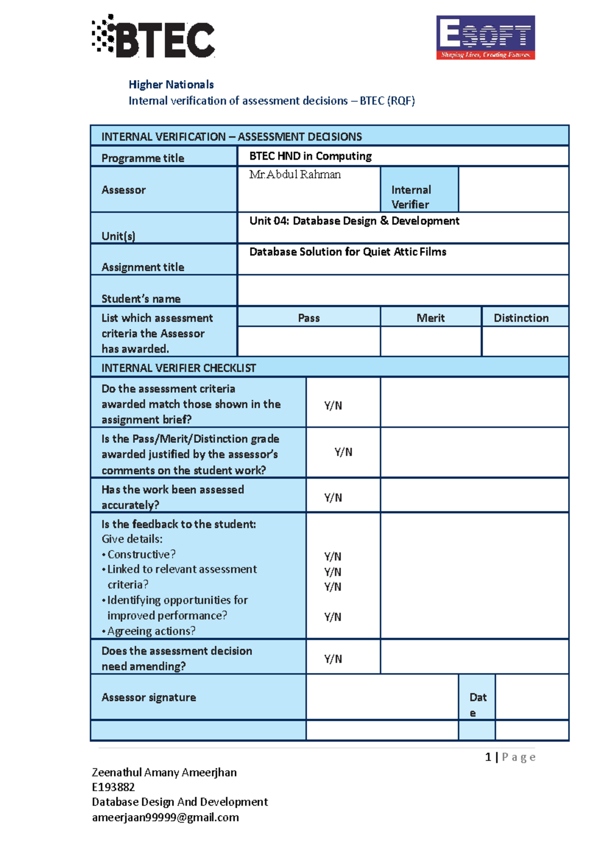 Database design and Development Assignment amany 1 new - Higher ...