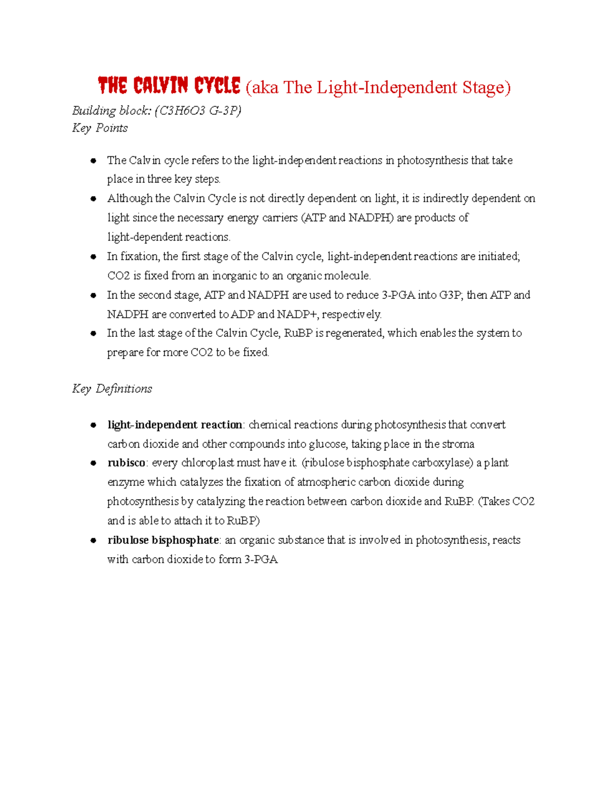 The Calvin Cycle Lecture Notes - Studocu