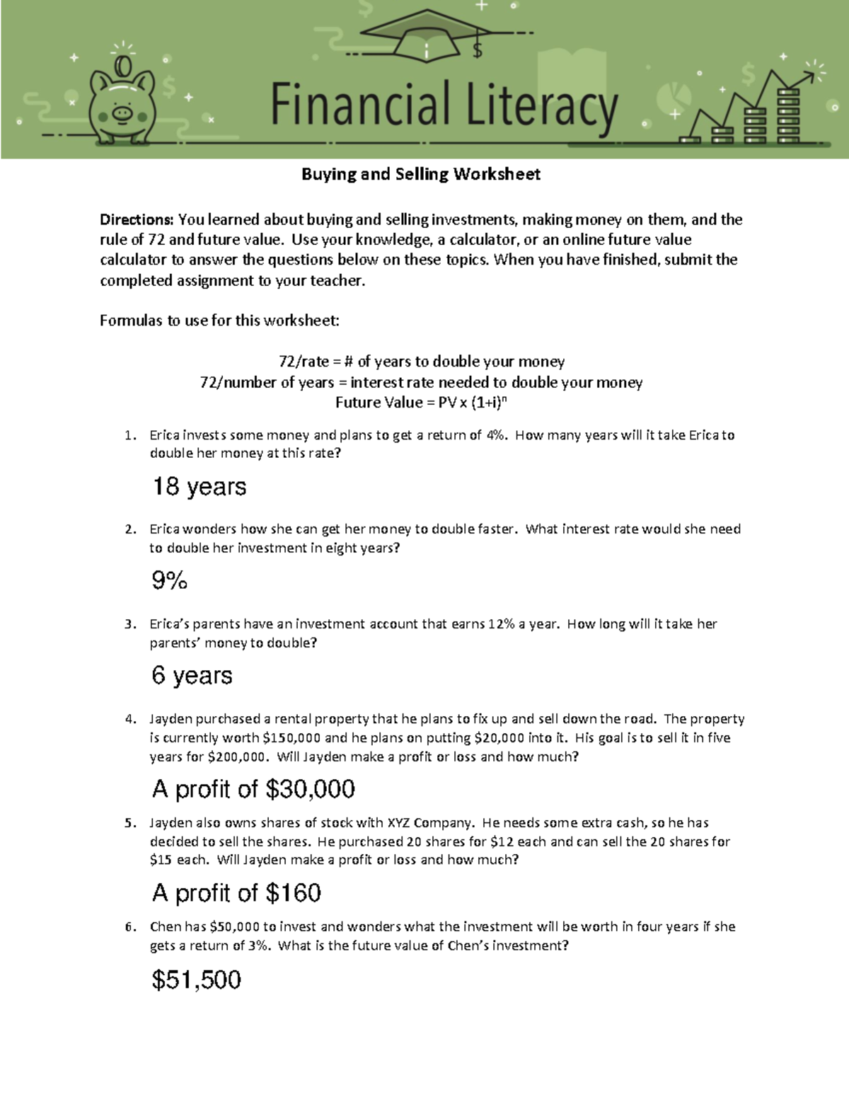 5 - Investments Worksheet - Buying and Selling Worksheet Directions ...