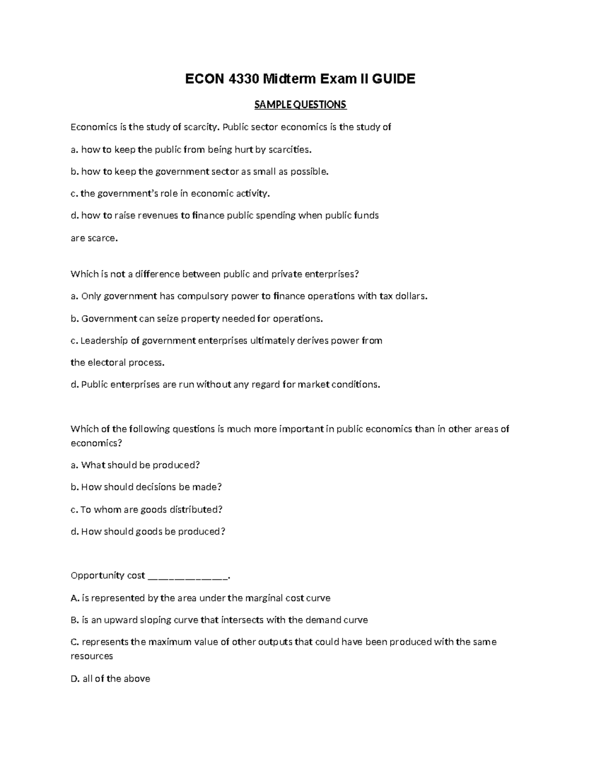 Midterm EXAM II Study Guide Practice - ECON 4330 Midterm Exam II GUIDE SAMPLE QUESTIONS ...