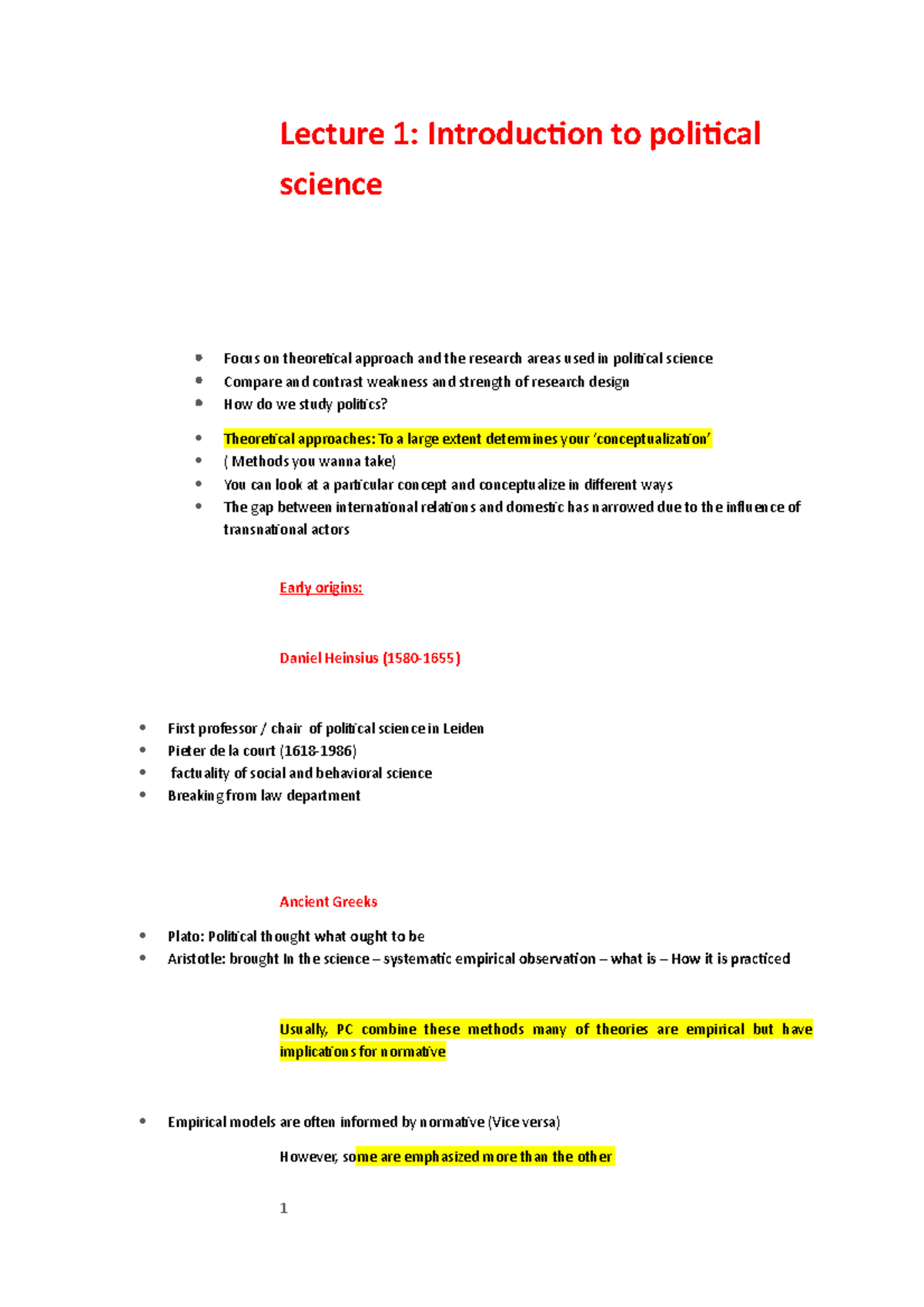 Political science - Lecture notes - Lecture 1: Introduction to ...
