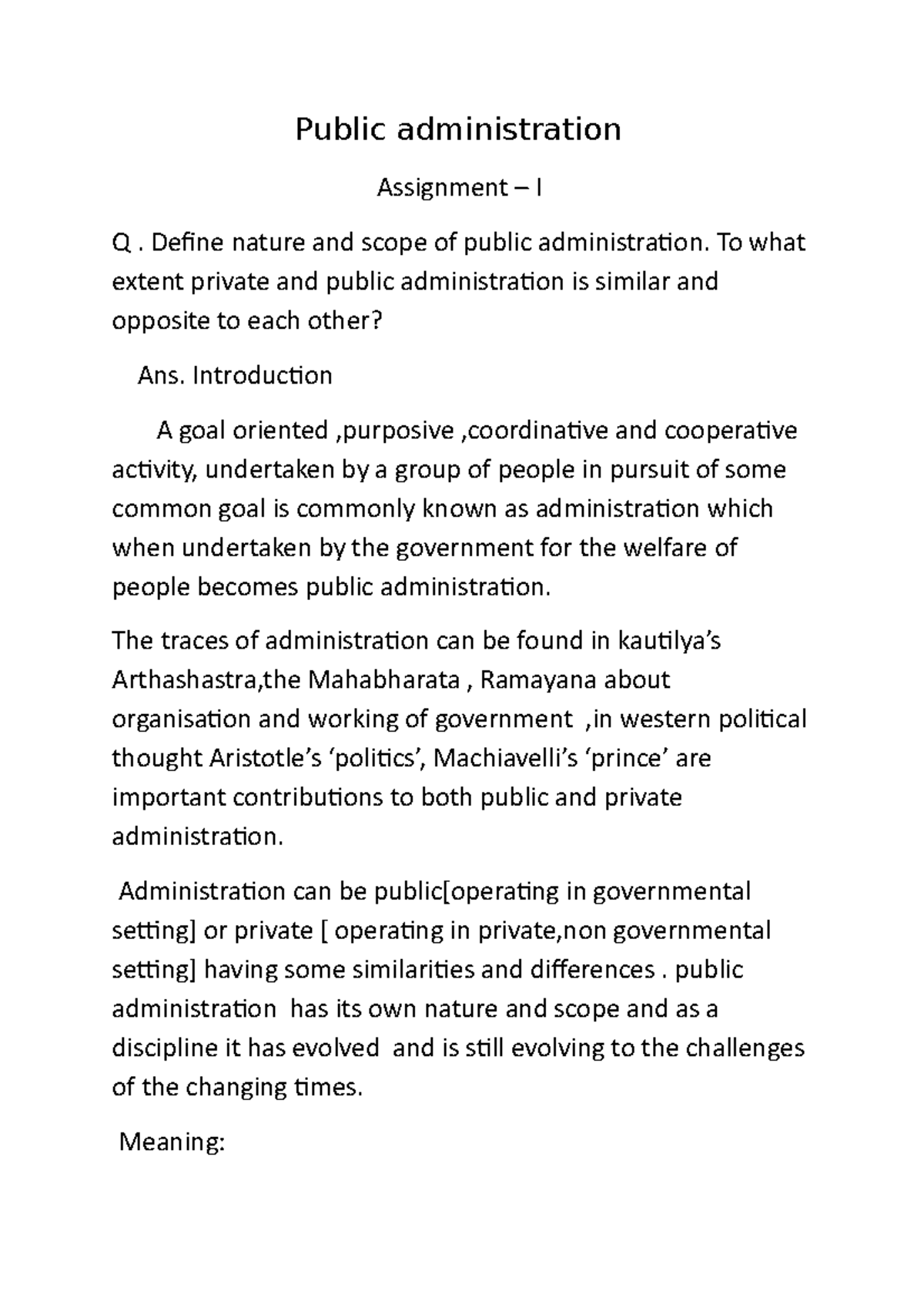 Public administration - Public administration Assignment – I Q. Define ...