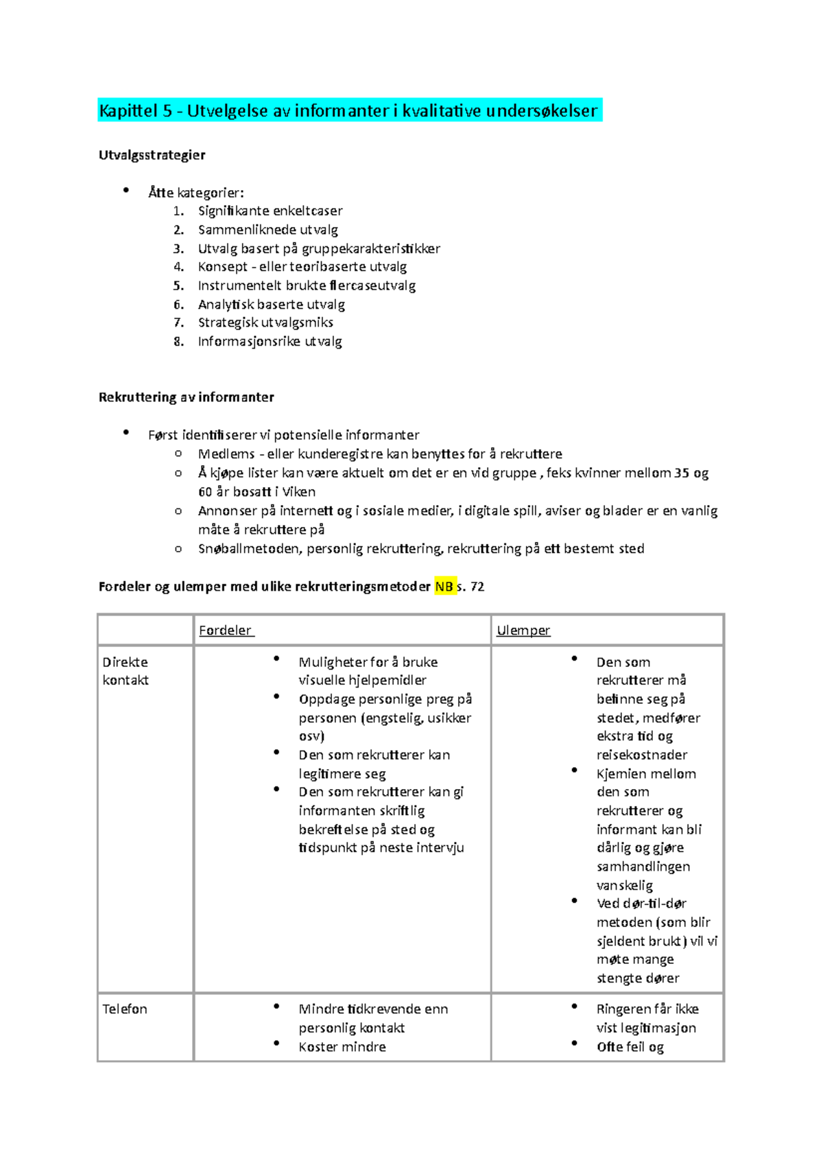 Anvendt metode kap 5-6 - Kapittel 5 - Utvelgelse av informanter i kvalitative undersøkelser ...