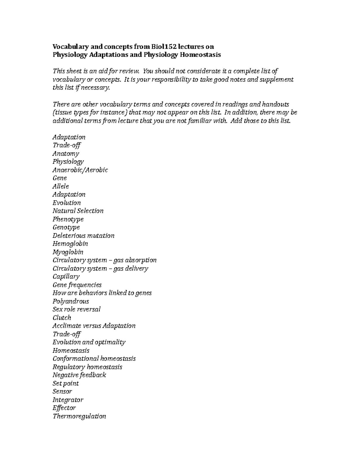 Physiology Lecture Vocabulary and Concepts - Vocabulary and concepts ...