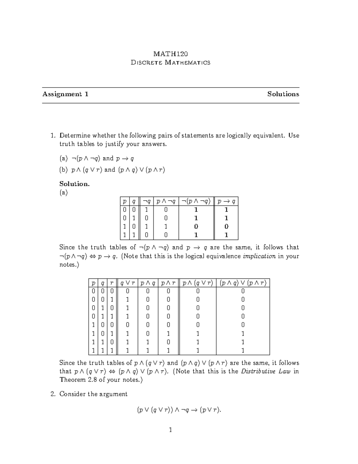 MATH120 S - Assignment 1 - Solutions - MATH Discrete Mathematics Assignment 1 Solutions ...