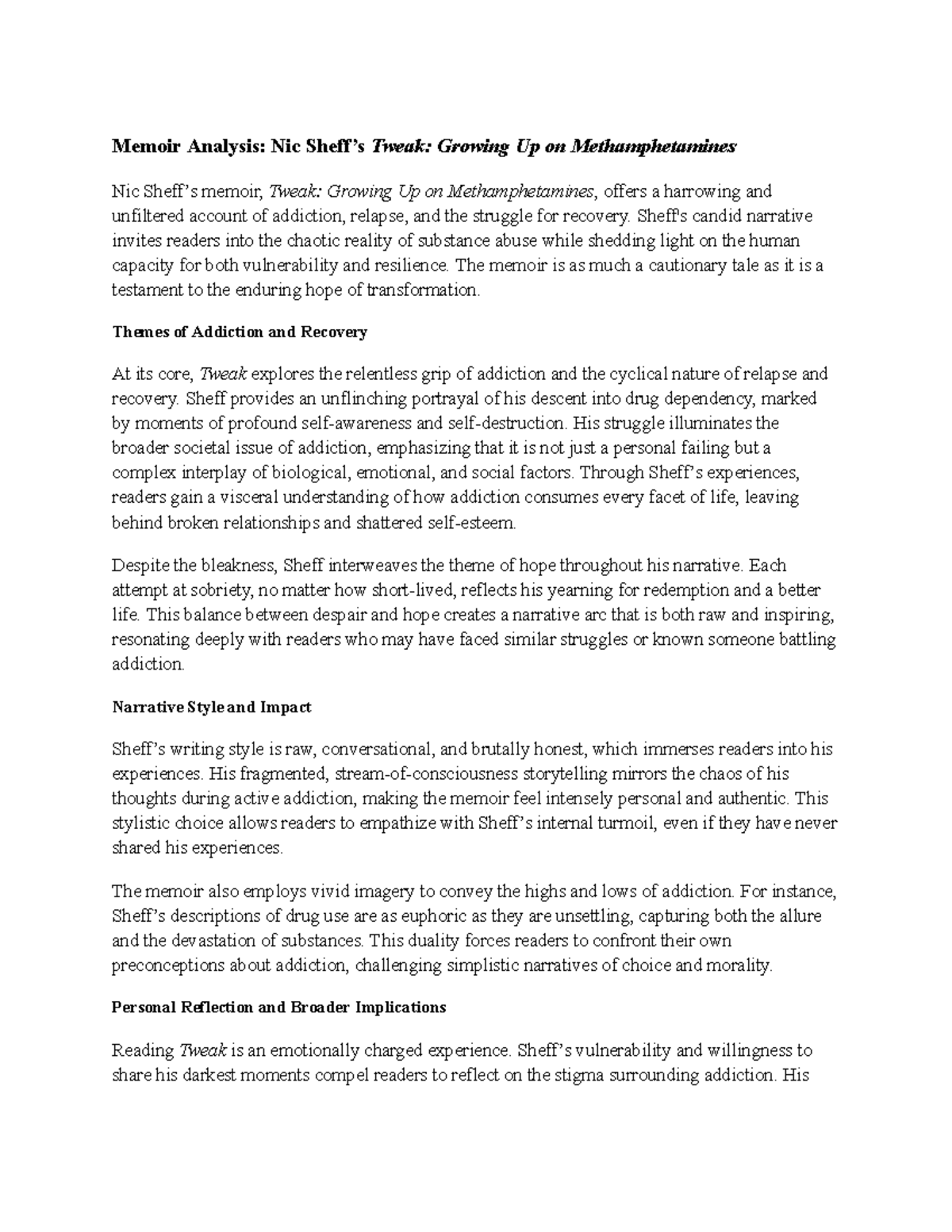 Nic Sheff memoir analysis - Memoir Analysis: Nic Sheff’s Tweak: Growing ...