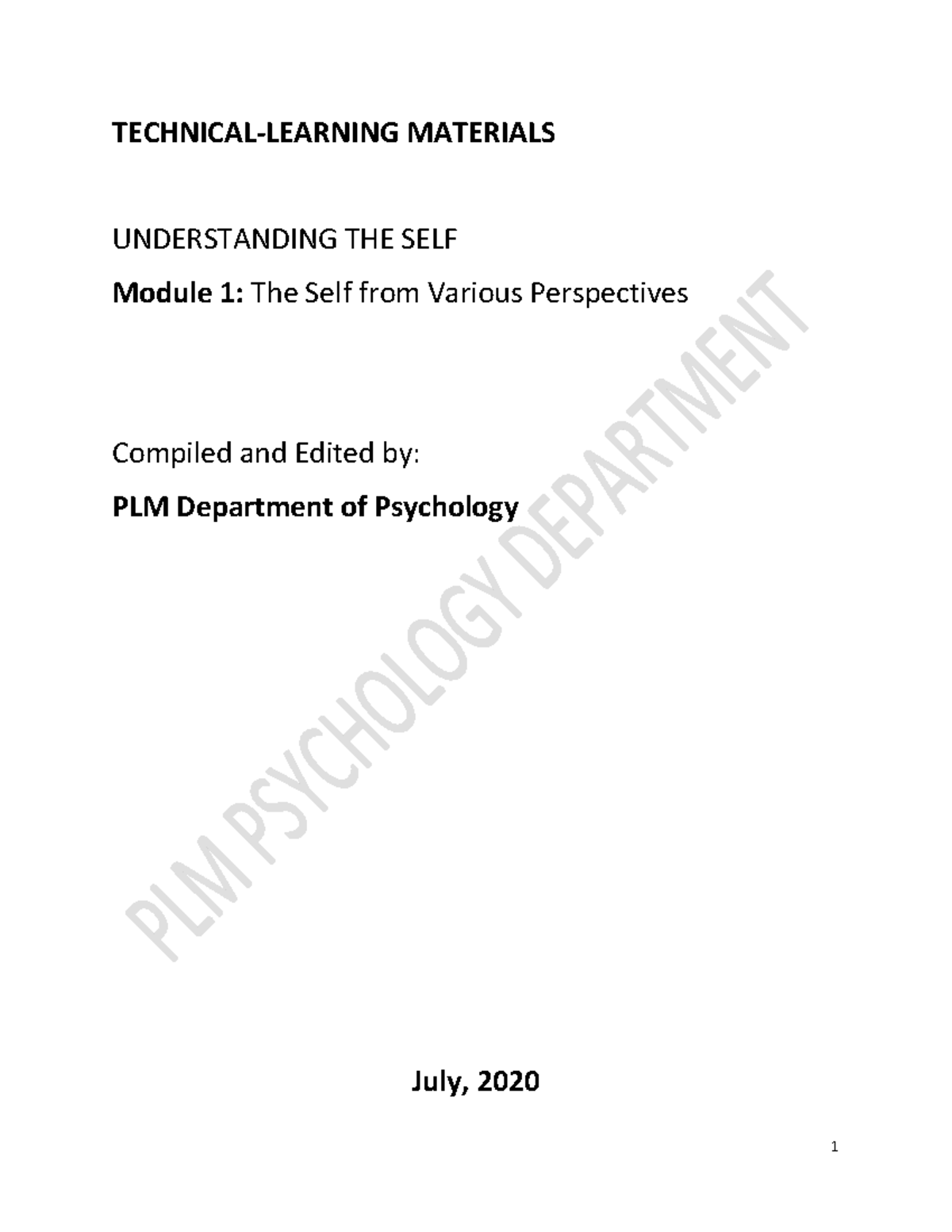 UTS M1 Self from Various Perspectives - TECHNICAL-LEARNING MATERIALS UNDERSTANDING THE SELF ...