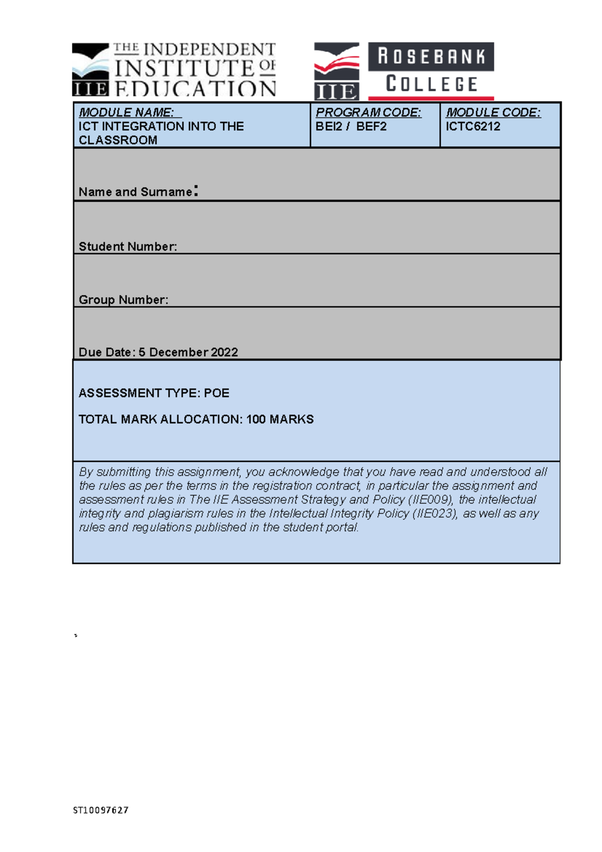 ICTC Final POE - fully answered ictc poe - MODULE NAME: ICT INTEGRATION ...