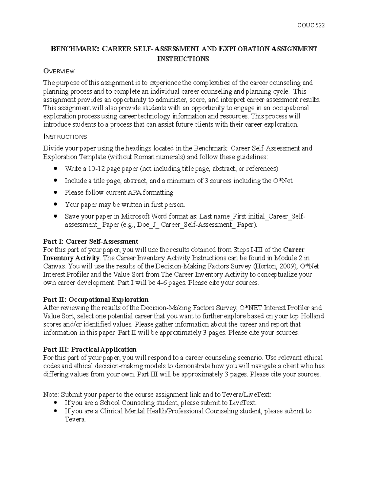 Benchmark Career Self-Assessment & Career Exploration Instructions ...