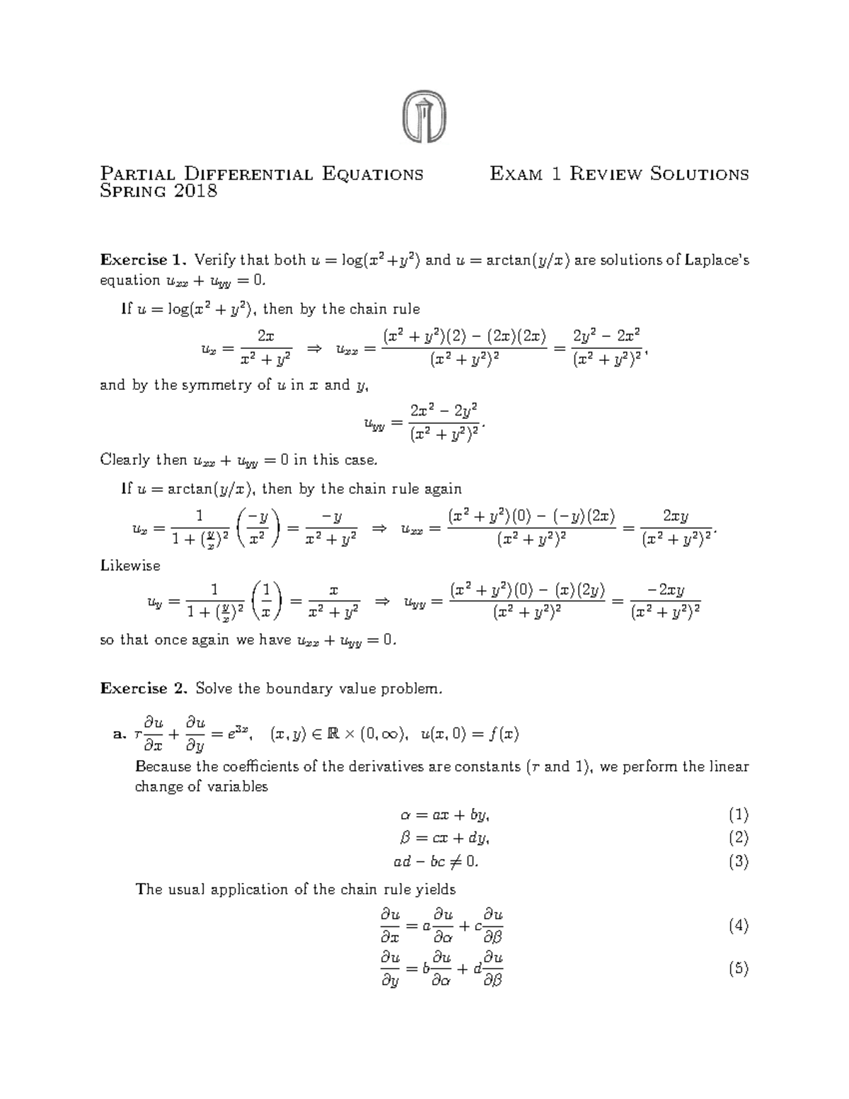 Review 1soln - Partial Differential Equations Exam 1 Review Solutions Spring 2018 Exercise 1 ...