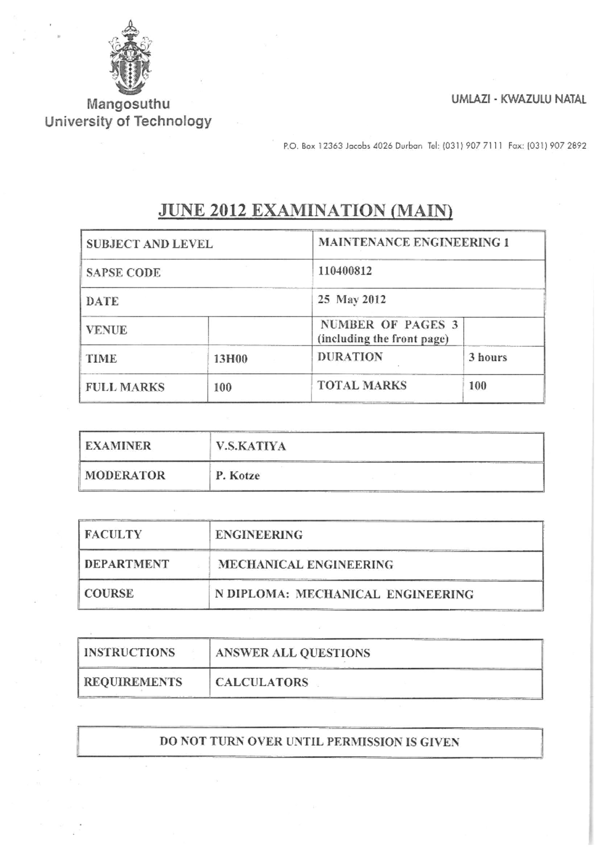 Maintenance Engineering I May Main Exam 2012 - MMEN011 & MMEN118 - Studocu