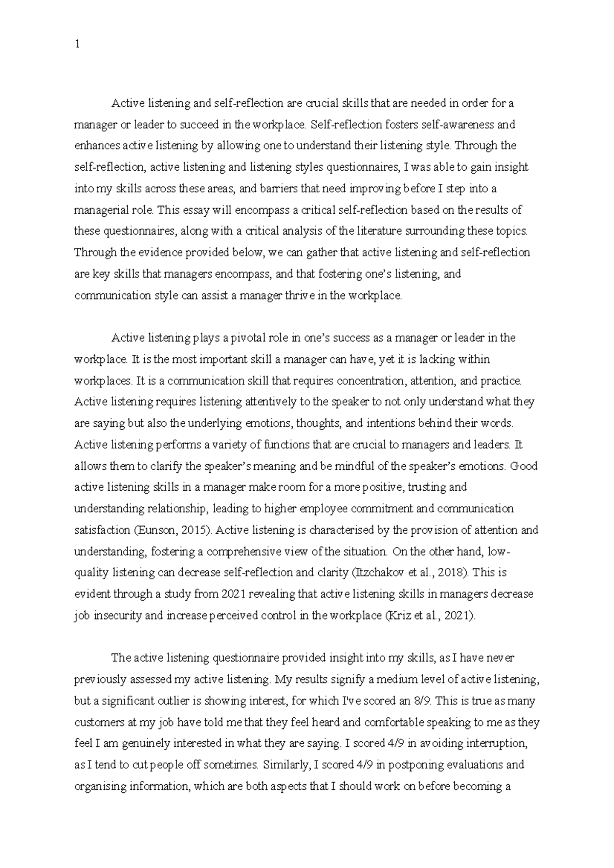 MGMT2018 Essay - Active listening and self-reflection are crucial ...