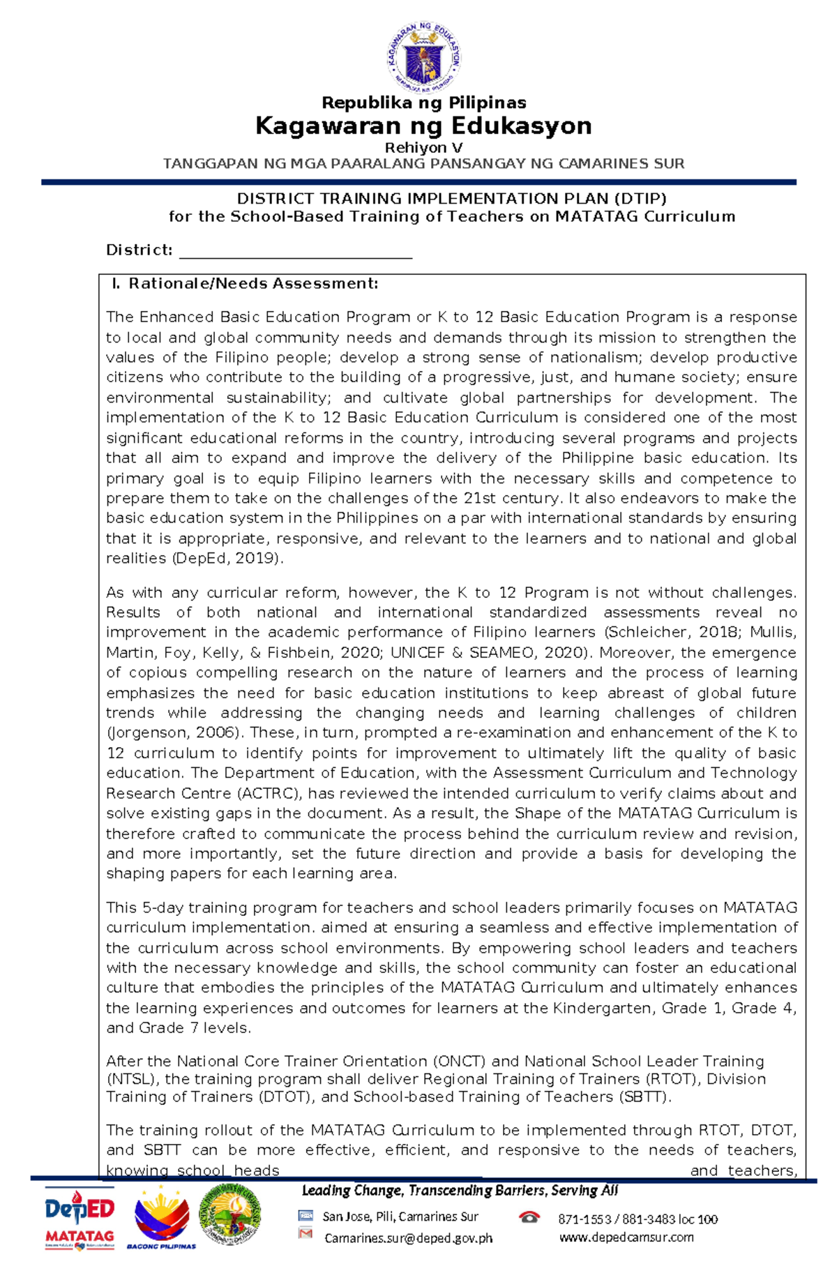 Proposal Template SBTT Matatag Curriculum - Leading Change ...