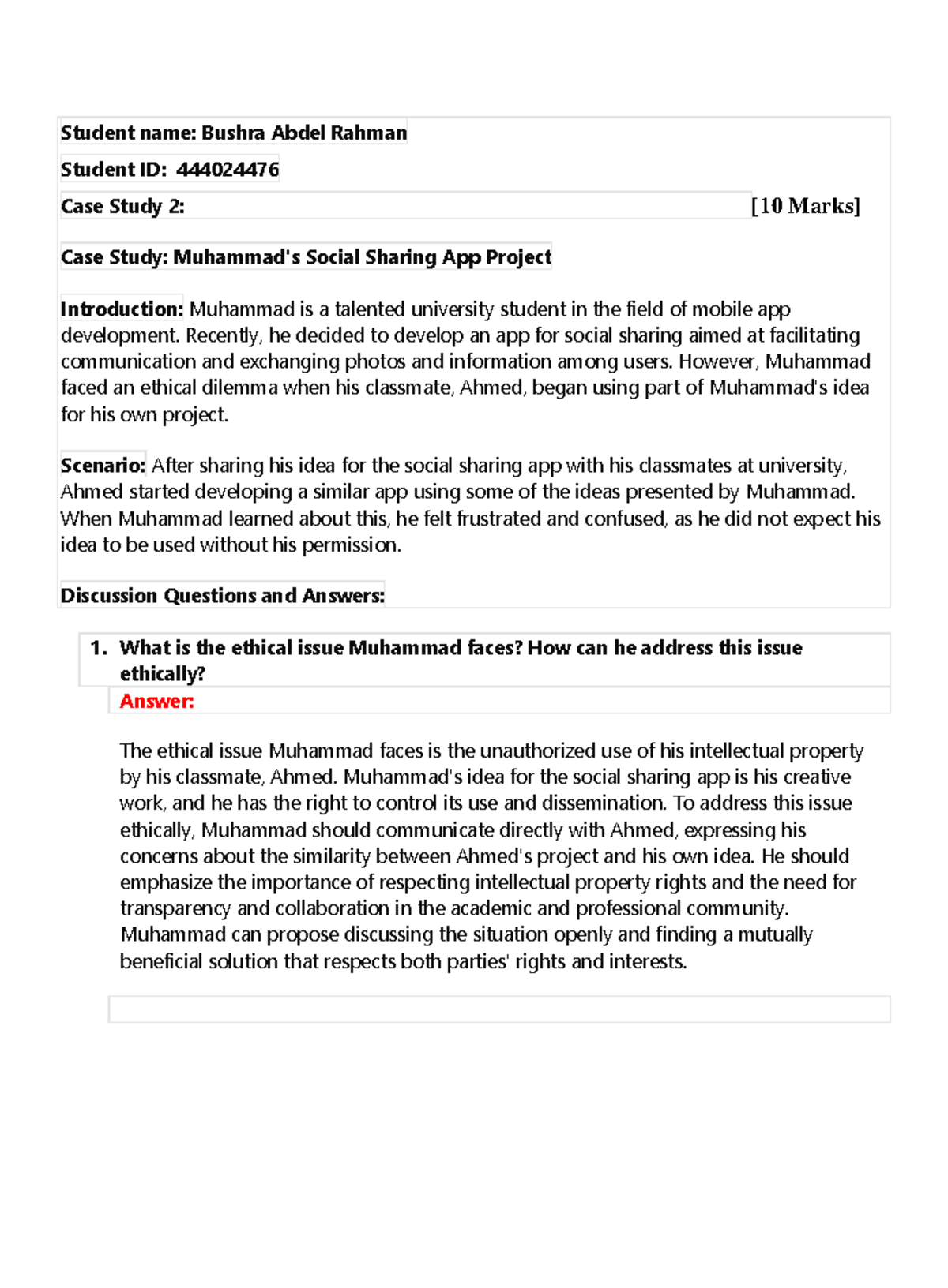 Case study 2-Intellectual Property - Student name: Bushra Abdel Rahman ...