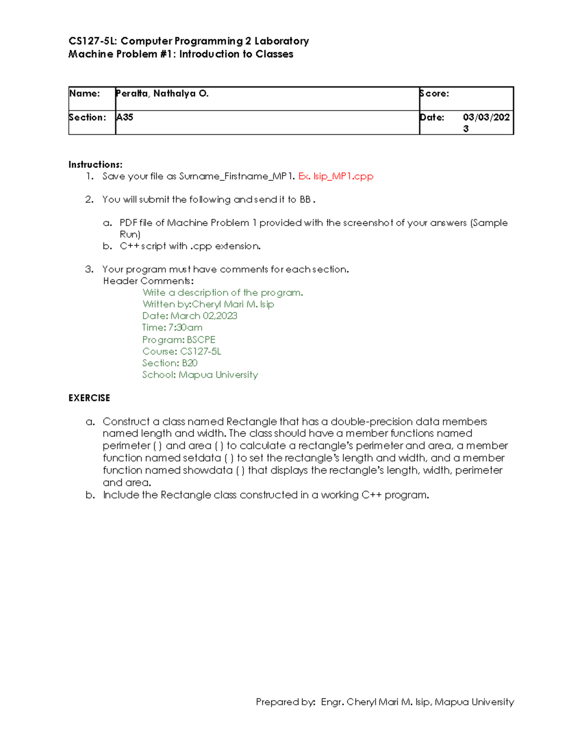 Peralta MP1 - asdas - CS127-5L: Computer Programming 2 Laboratory Machine Problem #1 ...