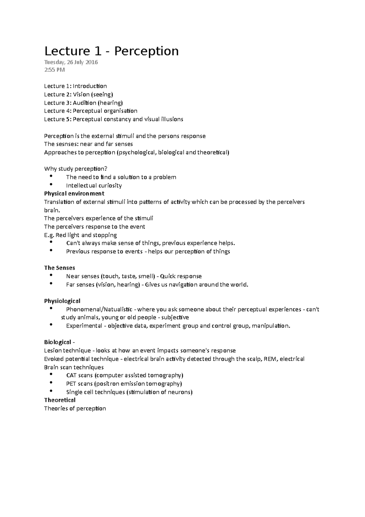 Psychology Notes - Full Set - Lecture 1 - Perception Tuesday, 26 July ...