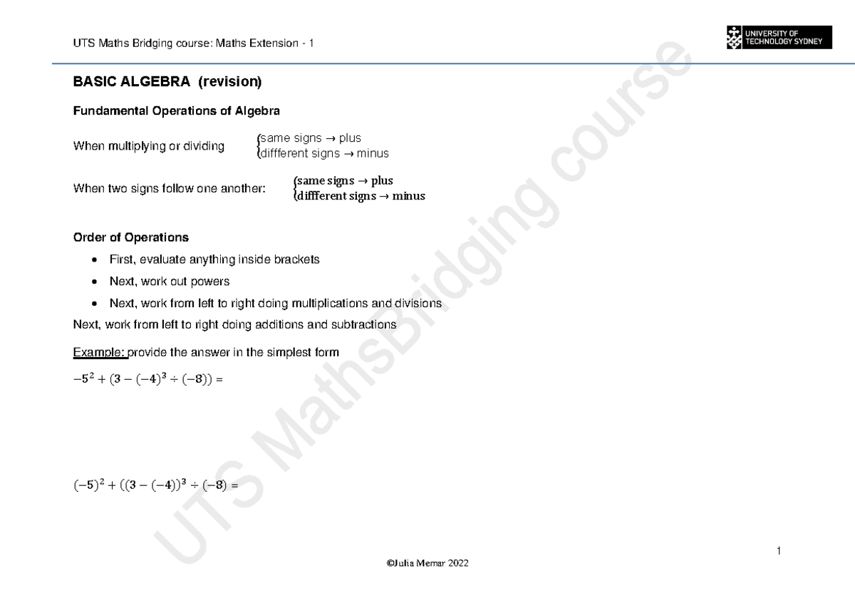 Algebra Revision - Day1 - 1 BASIC ALGEBRA (revision) Fundamental ...