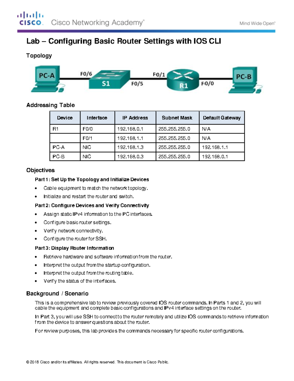 Lab 3 Configuring Basic Router Settings with IOS CLI PT - © 2018 Cisco ...