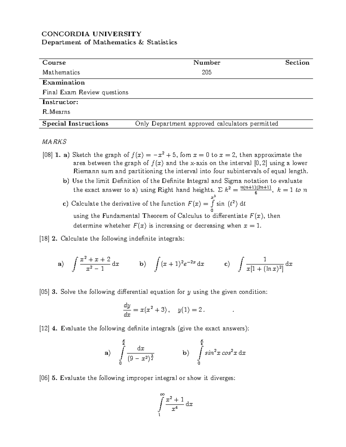 221113 Math 205 Final Exam Review (Aug 2010 ) - CONCORDIA UNIVERSITY Department of Mathematics ...