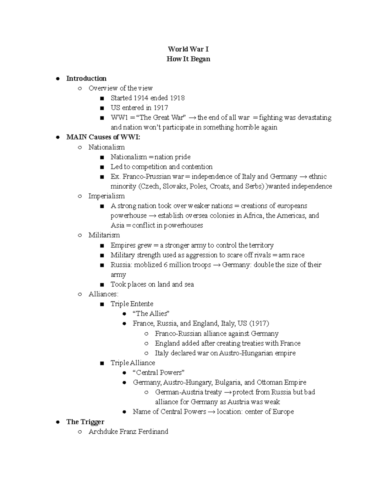 HIS 1053 - Lecture Notes - World War 1 - How It Begin - World War I How ...