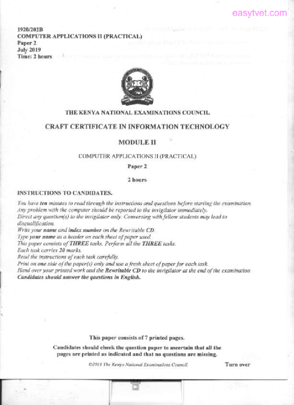 2019 july - KNEC past paper - Introduction to information systems - Studocu