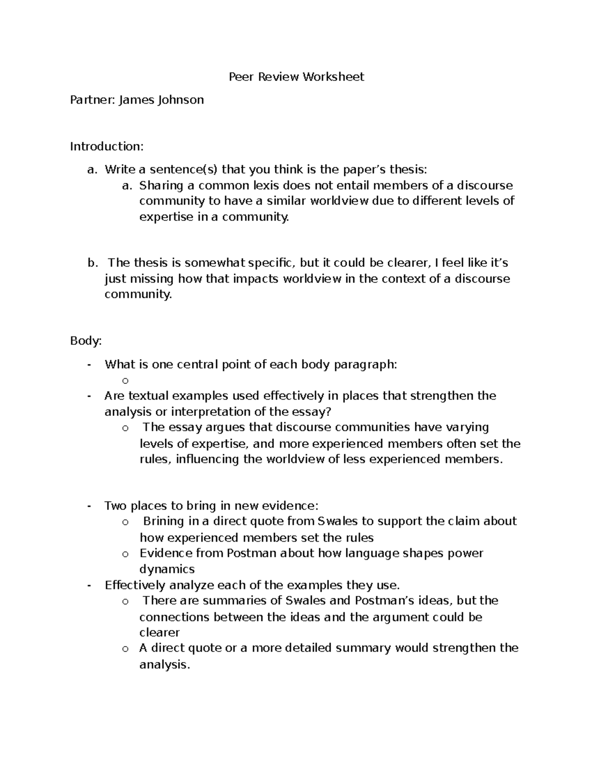 Peer Review Worksheet - sssssssssssssss - Peer Review Worksheet Partner ...