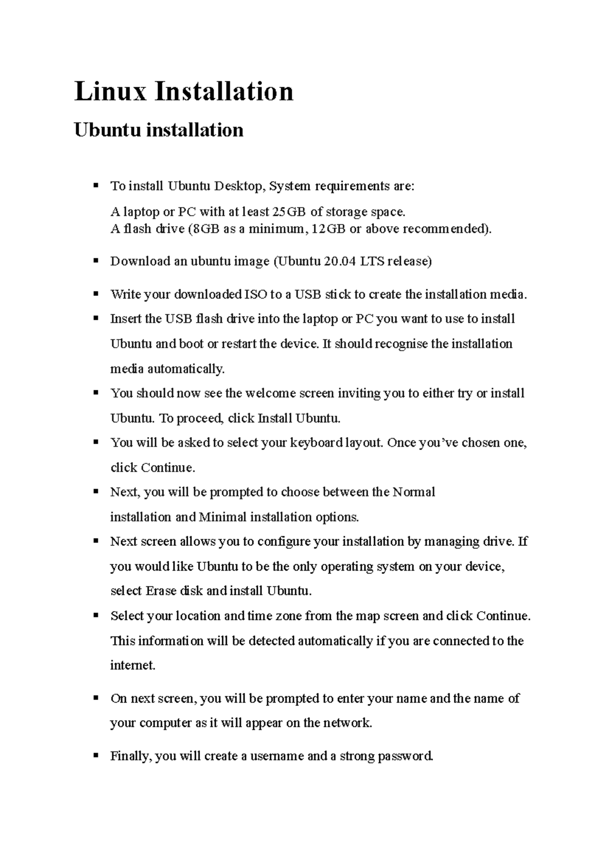 Linux Installation - notes - Linux Installation Ubuntu installation To ...