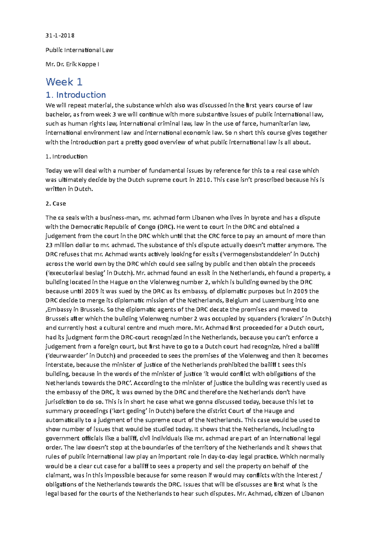 Lecture PIL - Week 1 - 31-1-2018 Public International Law Mr. Dr. Erik ...