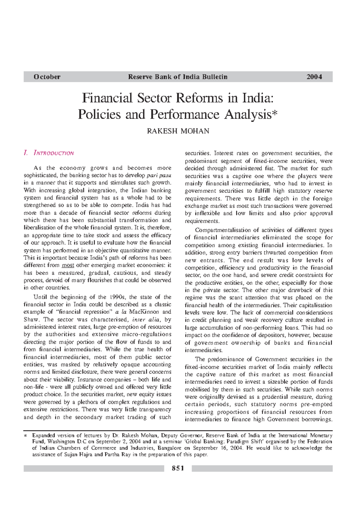 Financial sector reforms - rakesh mohan - 851 Financial Sector Reforms ...