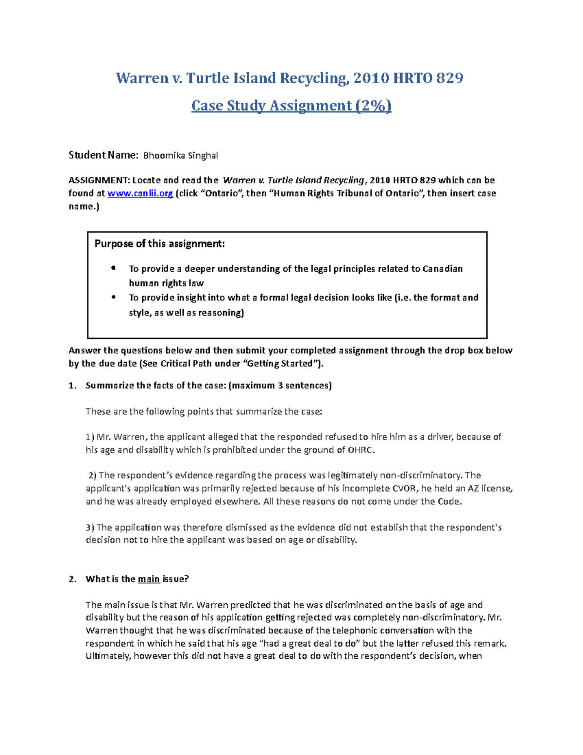 Ex - Warren W22 - Law assignment - Warren v. Turtle Island Recycling ...