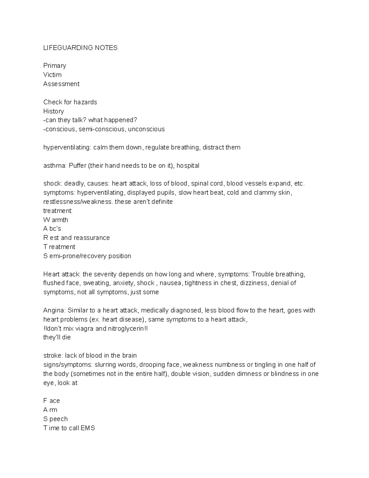 Lifegaurding notes - scdfg - LIFEGUARDING NOTES Primary Victim ...