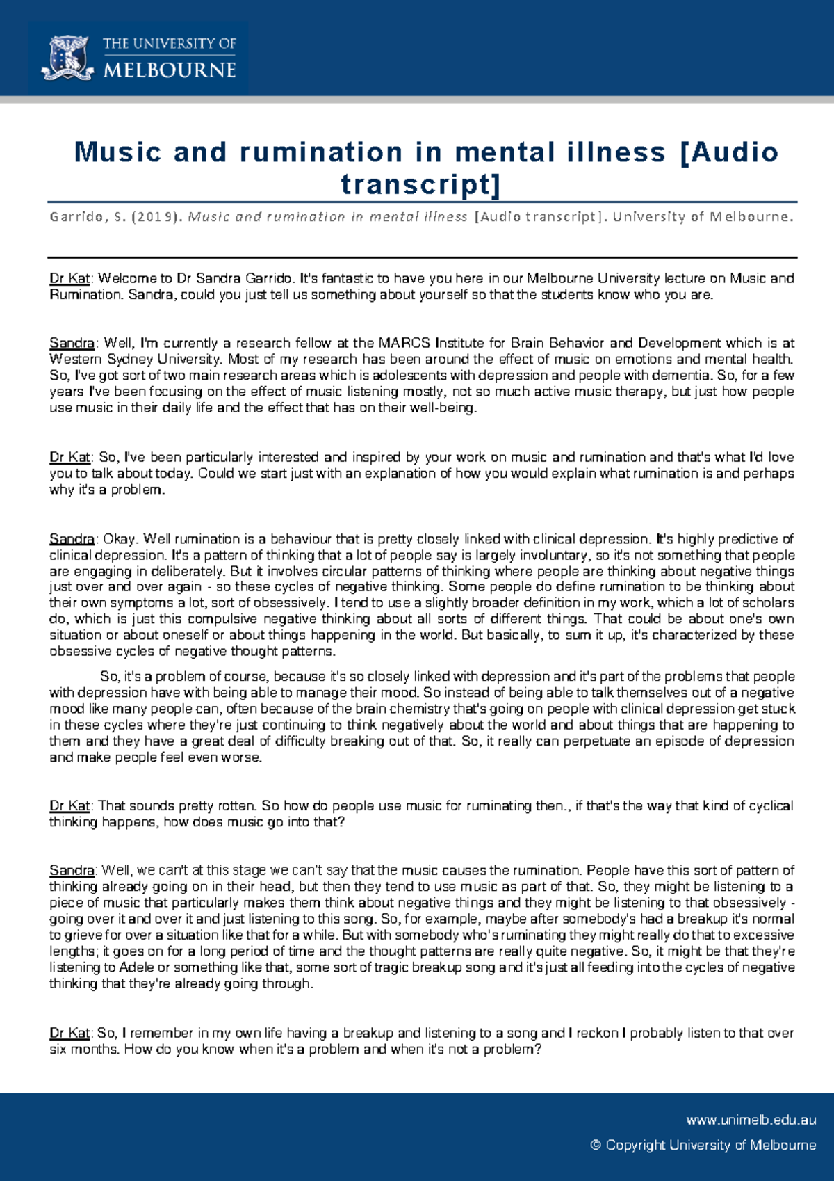 MUSI2015 0 Music and rumination - Audio transcript - unimelb.edu Music ...