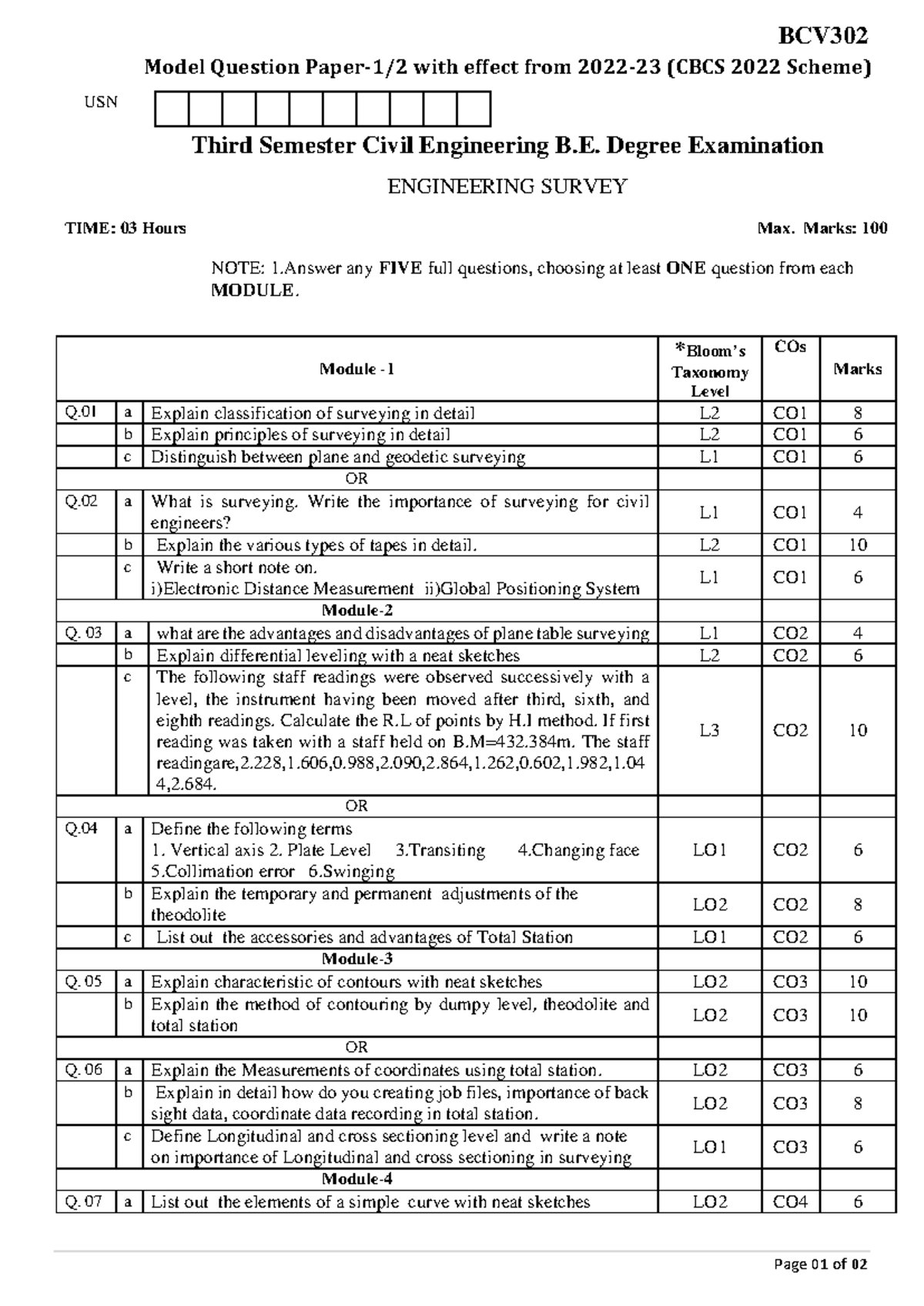 Survey Model question - BCV Page 01 of 02 Model Question Paper-1/2 with ...