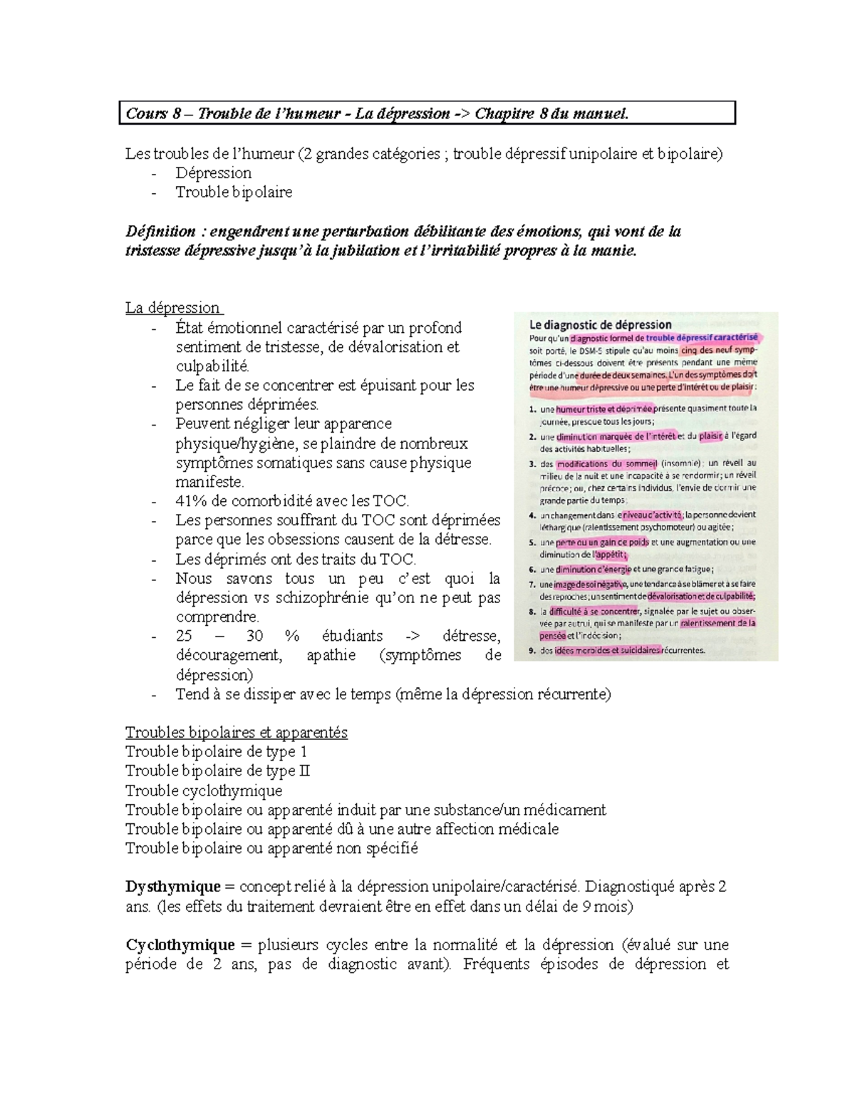Cours 8 - Prof : CHRISTOPHER EARLS - Cours 8 – Trouble de l’humeur - La ...