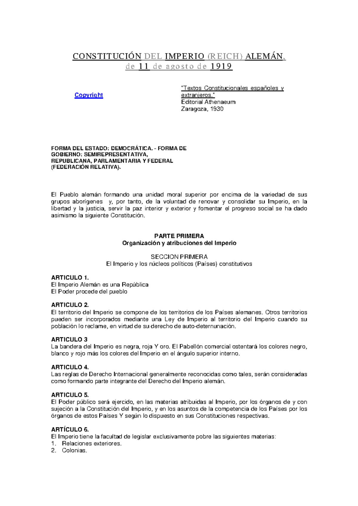 Constitucion de weimar alemania 19191 - CONS TITUCIÓN DEL IMP E R IO (R ...