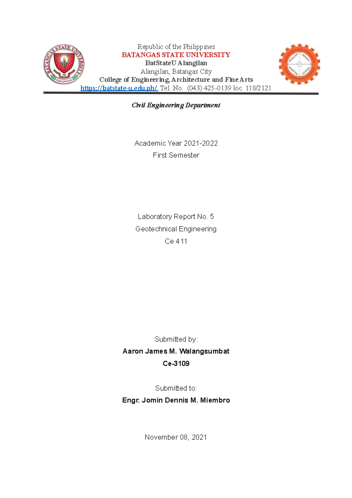 Magbujos Charmaine Laboratory Report No - BS Civil Engineering ...