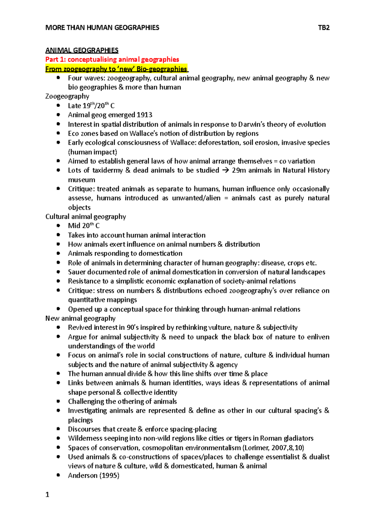 TB2 - Lecture notes Animal Geographies TB2 - ANIMAL GEOGRAPHIES Part 1 ...