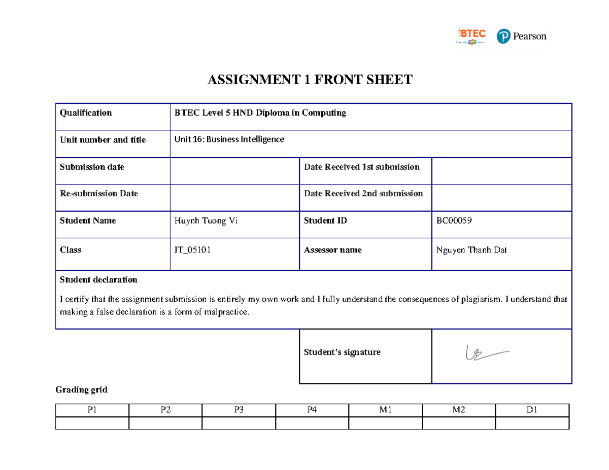 Assignment 1 Bc00059 Huynh Tuong Vi - ASSIGNMENT 1 FRONT SHEET Qualification BTEC Level 5 HND ...