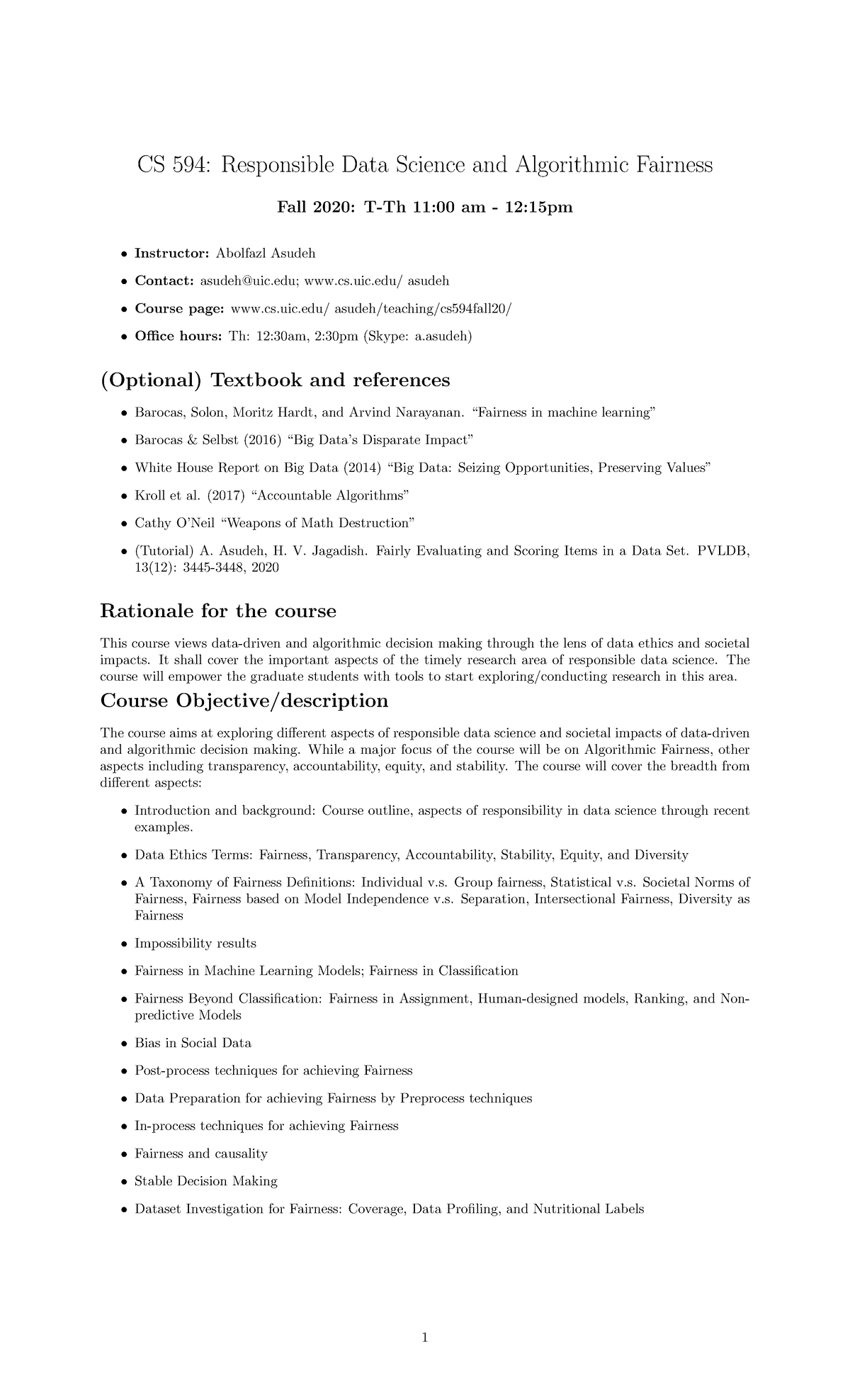 CS594 Syllabus Fall20 - CS 594: Responsible Data Science and Algorithmic Fairness Fall 2020: T ...