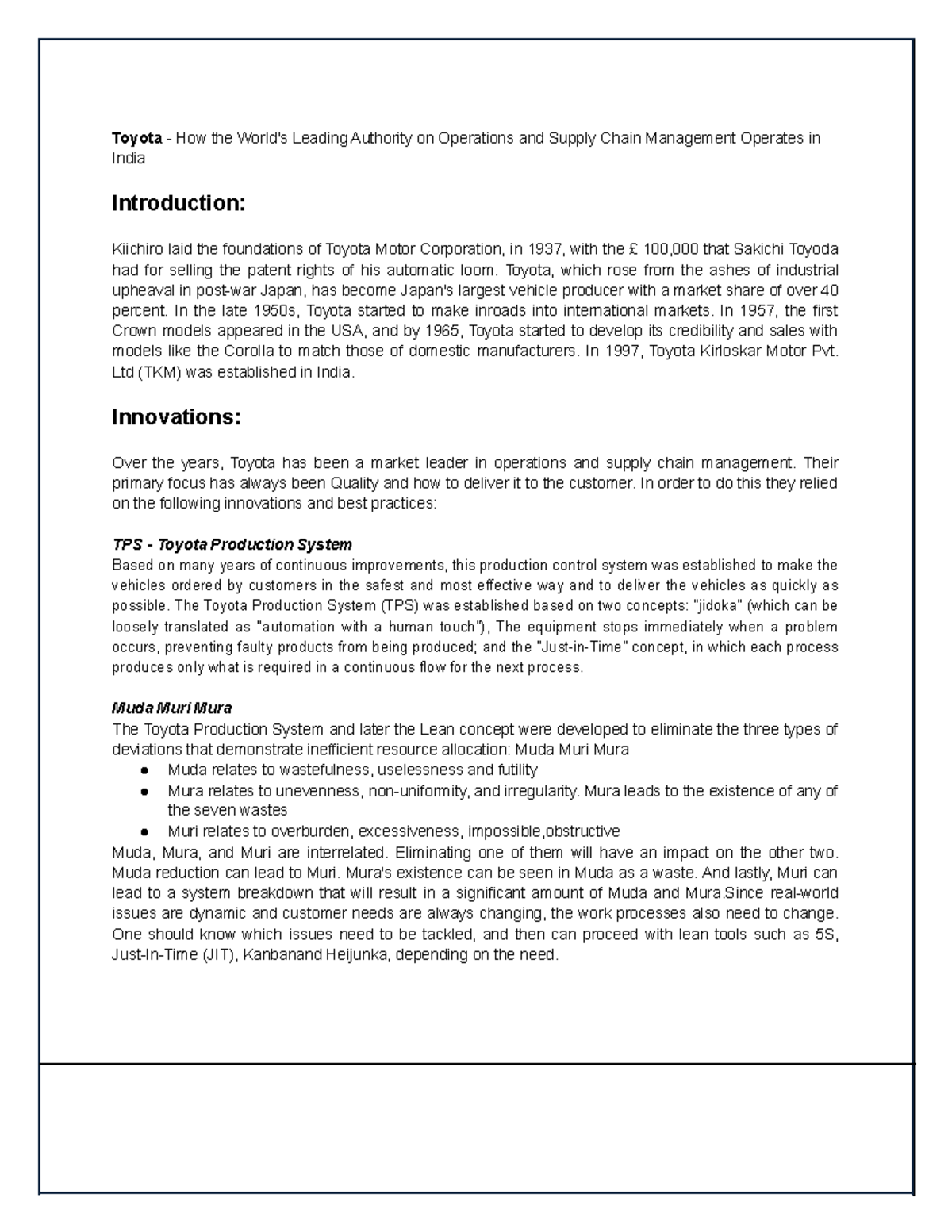 Operation and Supply Chain - Supply Chain Analysis - Toyota ...