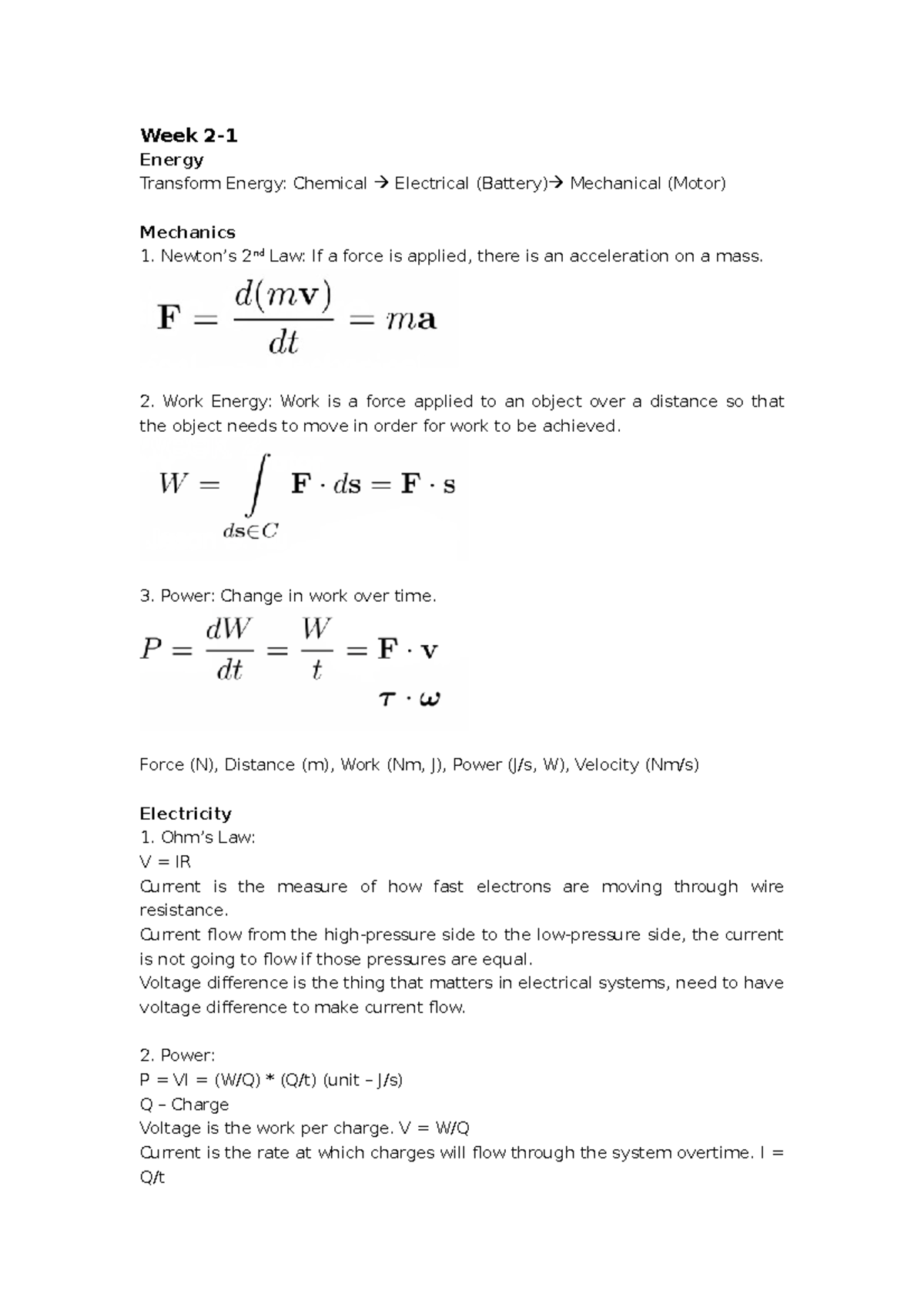 EG1311 Content - Lec Notes - Week 2- Energy Transform Energy: Chemical ...