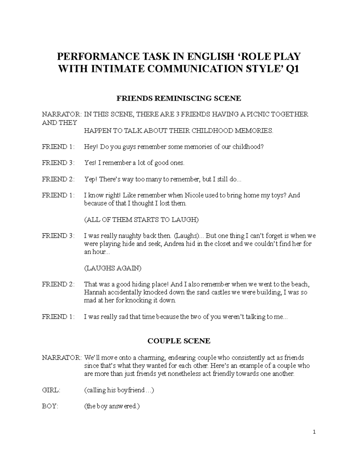 Script IN English Intimate Communication Style - PERFORMANCE TASK IN ...