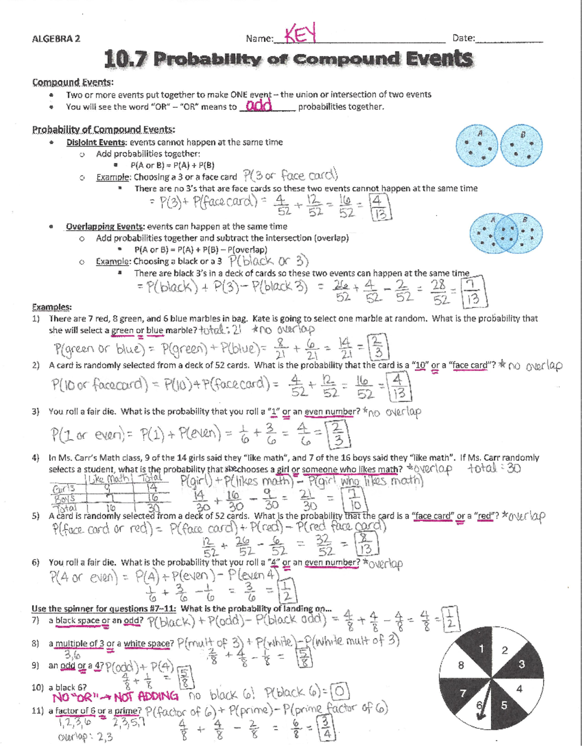 10.7 Compound Events - KEY - ALGEBRA 2 Name: KEY Date: 10 Probability ...